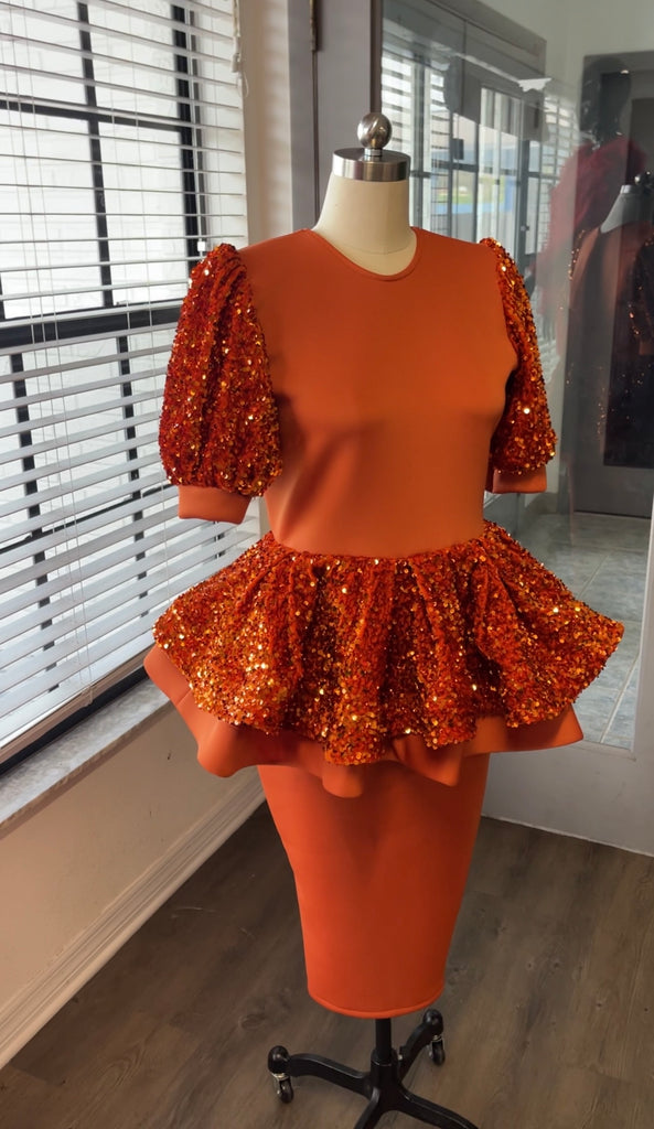 Burnt orange double peplum dress – Kylia Campbell Designs